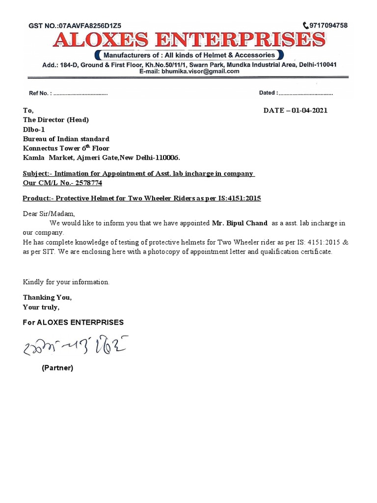 Aloxes Enterprises Intimation Letter and Appointment Letter of Asst Lab ...