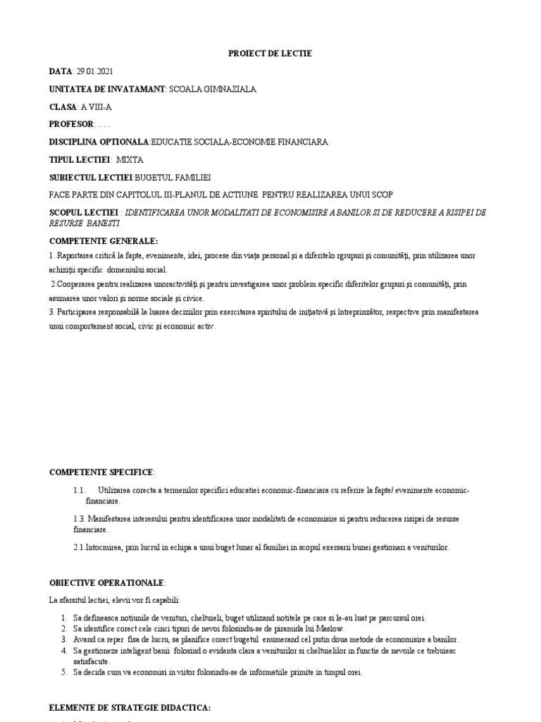 Plan Lectie Mixta-Educatie Financiara Clasa A Viii-A | PDF