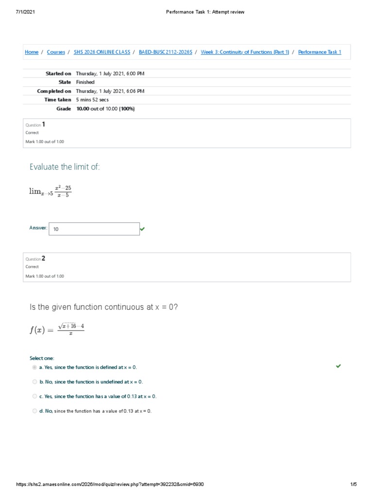 BUSC2112 Basic Calculus Performance Task 1 - Attempt Review | PDF | Continuous Function ...