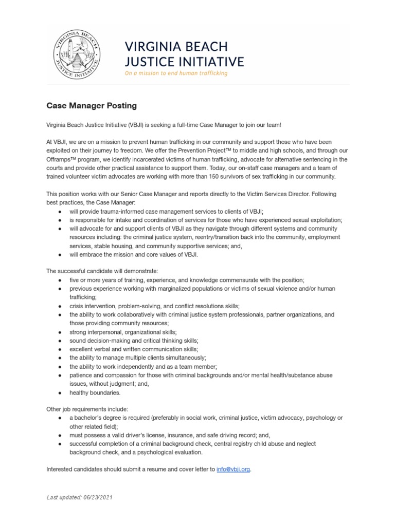 Case Manager Job Posting - VBJI | PDF | Sex Trafficking | Human Trafficking