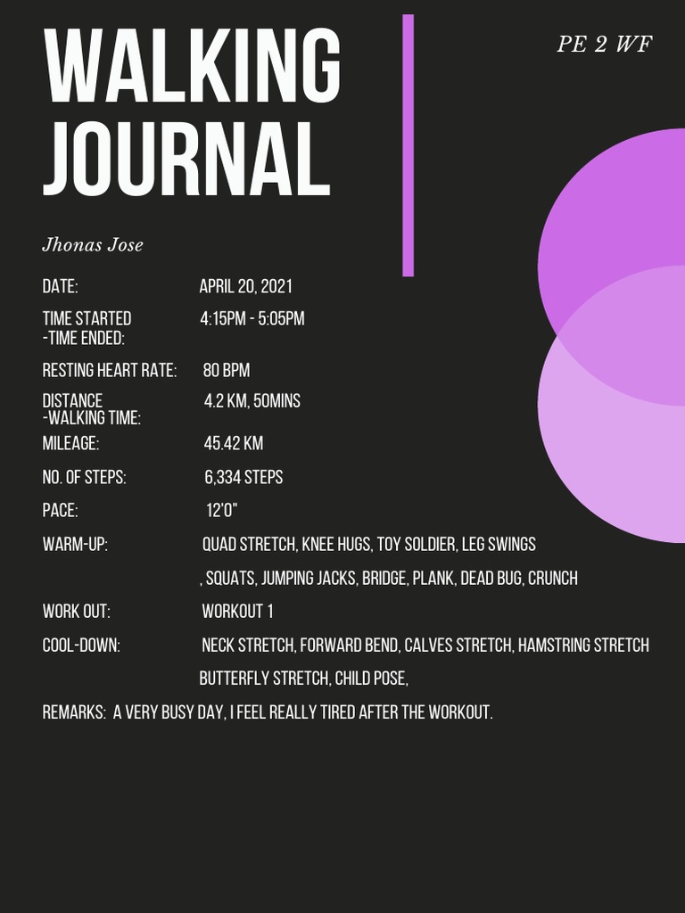 Walking Journal Entries Detailing Distance, Steps, and Warm-Up/Cool ...