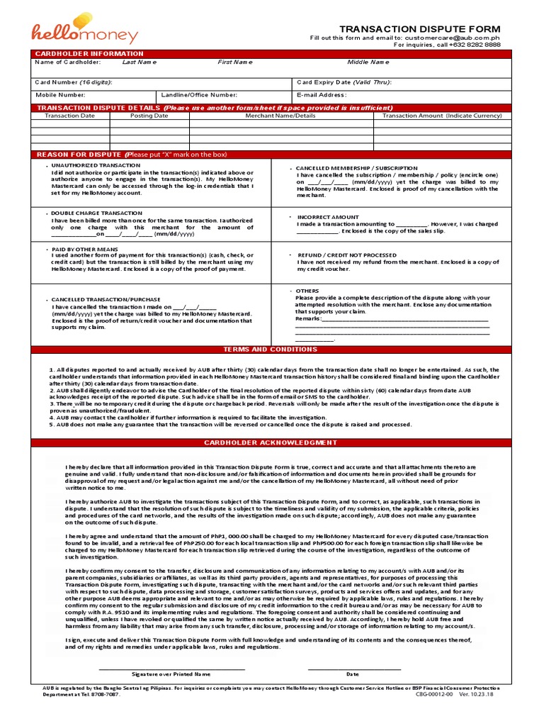 HelloMoney Mastercard Dispute Form | PDF | Justice | Crime & Violence
