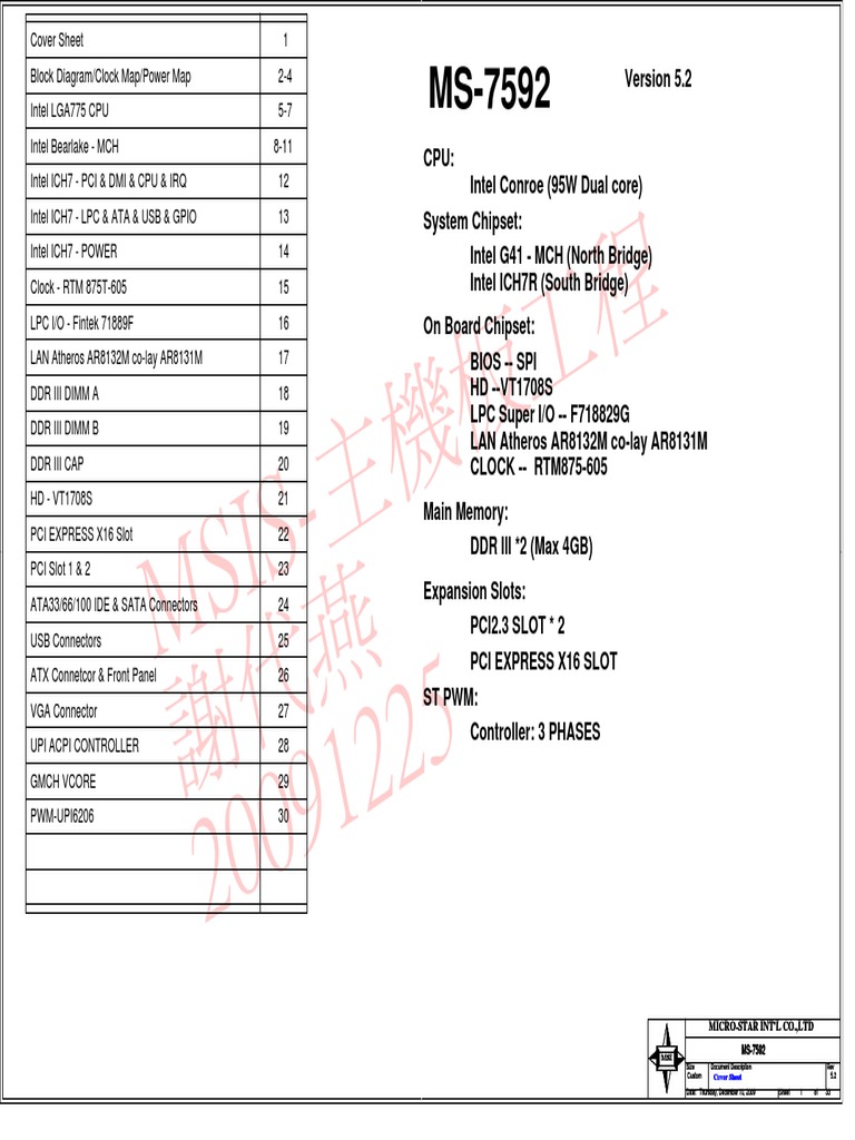 Msi G41M-S01 MS-7592 Ver. 5.2 | PDF | Engenharia Elétrica | Eletrônicos