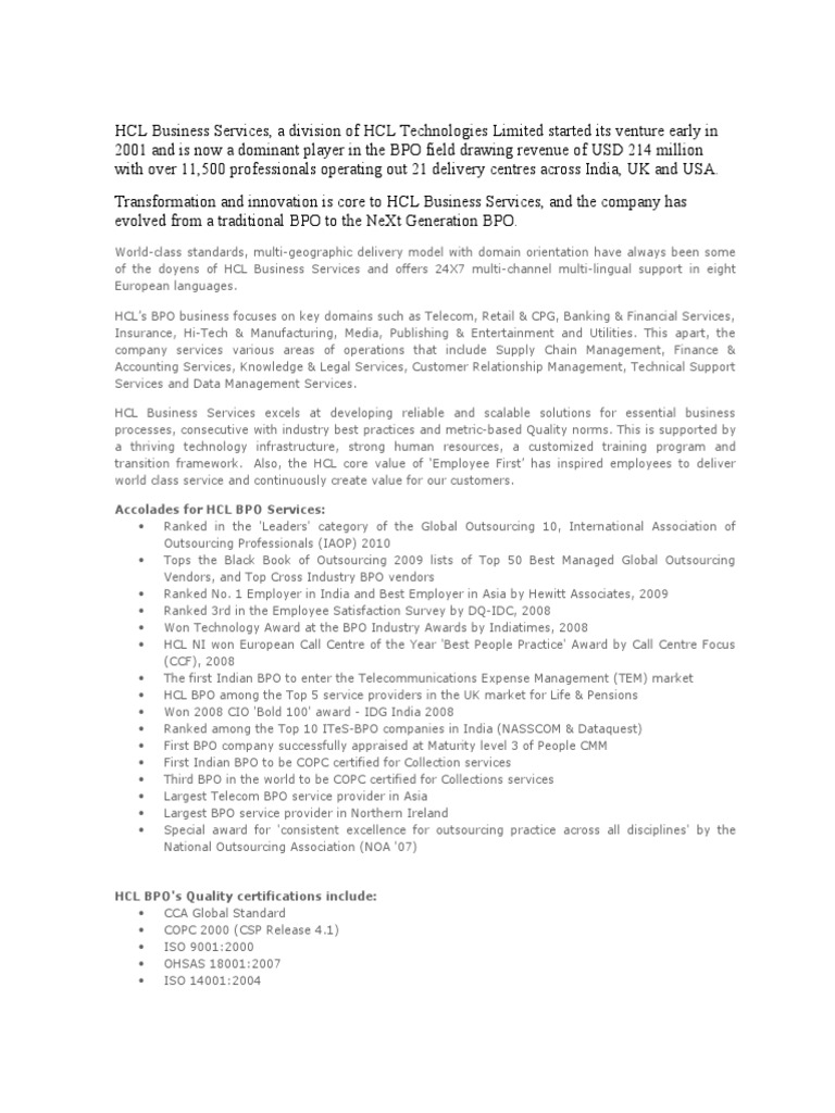 HCL Business Services | PDF | Outsourcing | Business