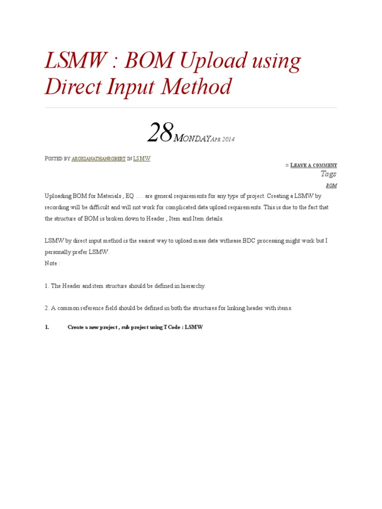 LSMW: BOM Upload Using Direct Input Method: Onday | PDF | Computer Data | Information Technology ...
