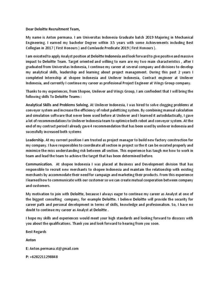 Cover Letter Deloitte | PDF | Leadership | Business