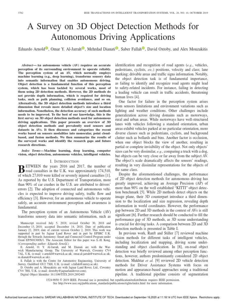 A Survey On 3d Object Detection Methods For Autonomous Driving Applications Pdf Lidar 3 D
