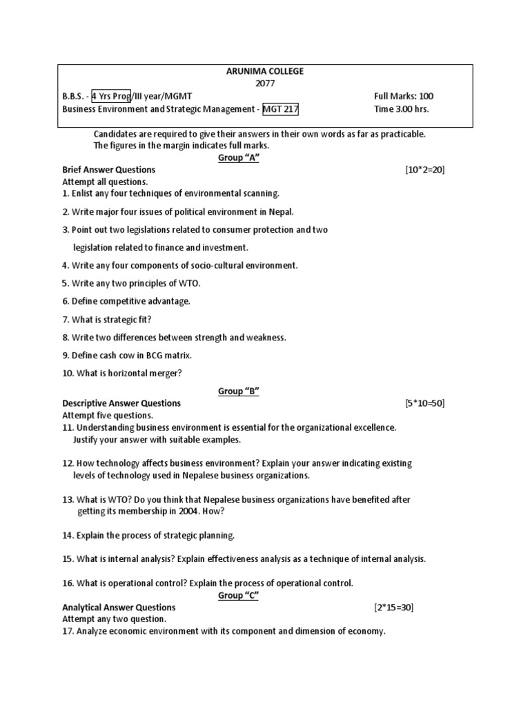 Business Environment and Strategic MGMT - Question Paper - BBS 3rd Year ...