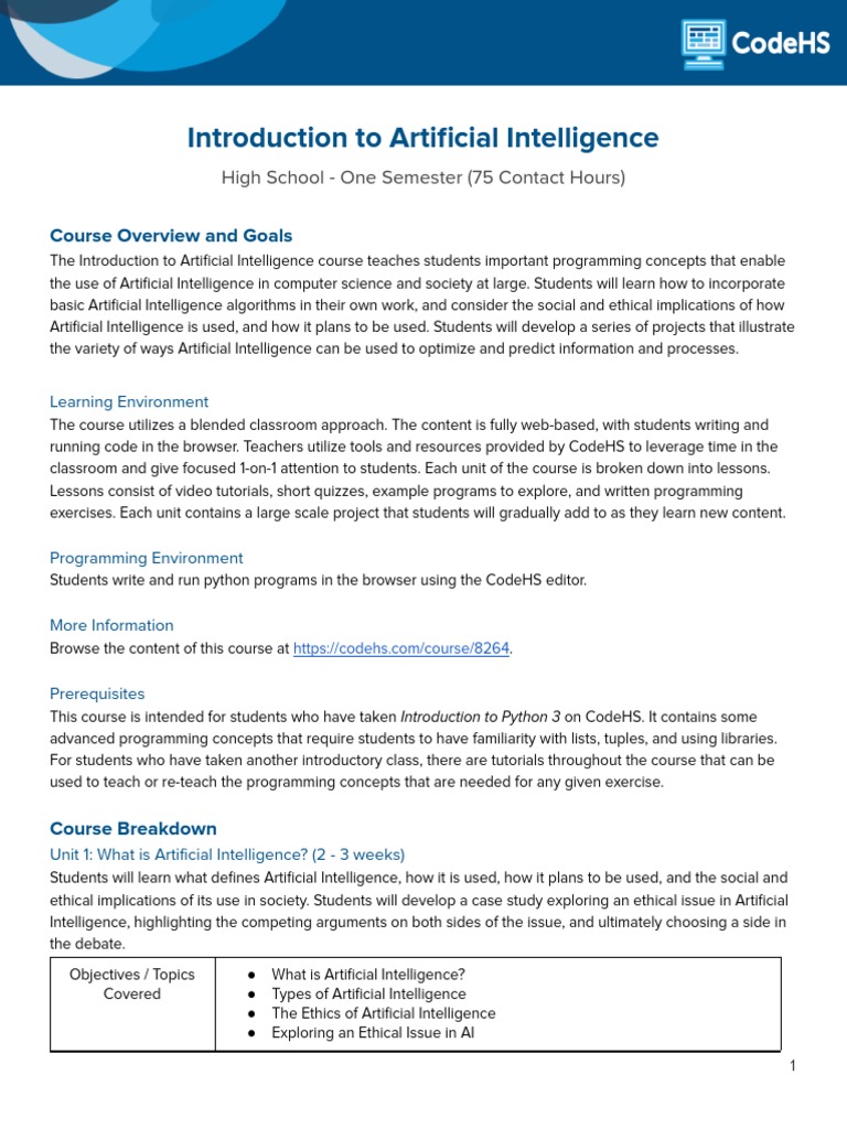 Introduction To Artificial Intelligence: High School - One Semester (75 ...