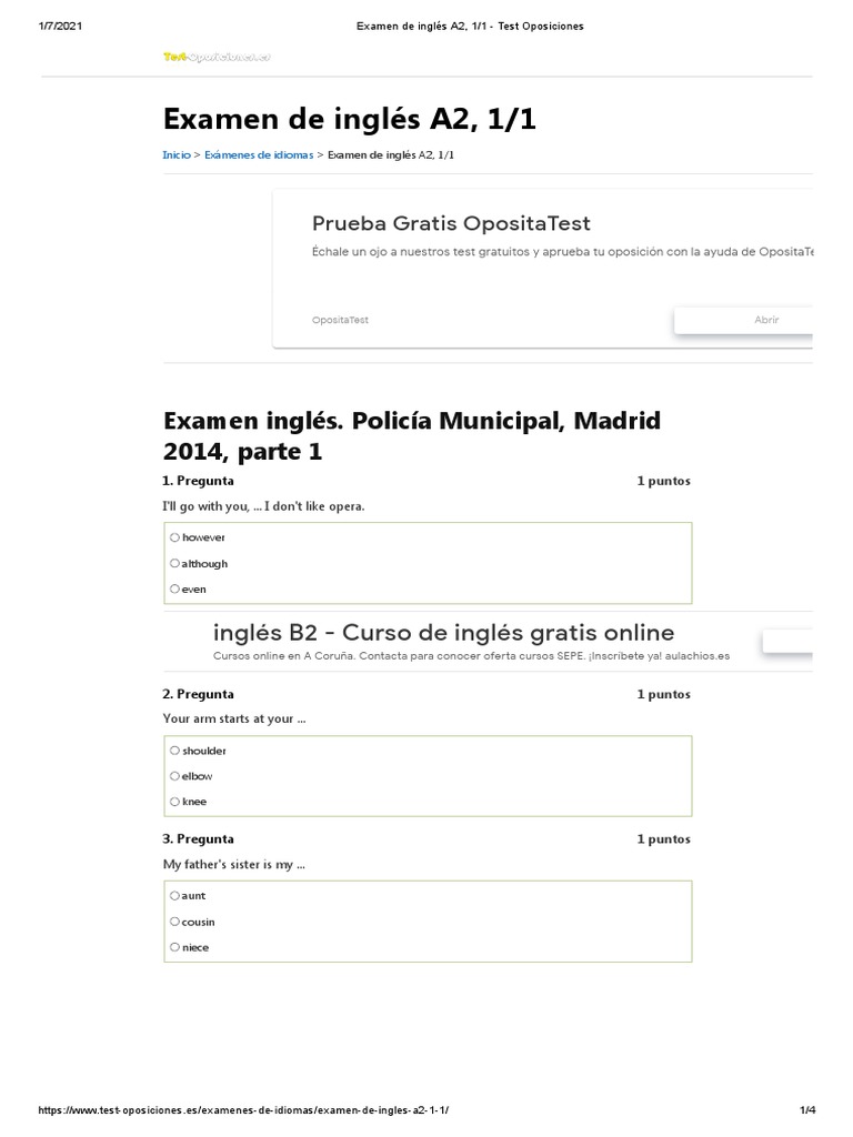 Examen de Inglés A2, 1 - 1 - Test Oposiciones | PDF
