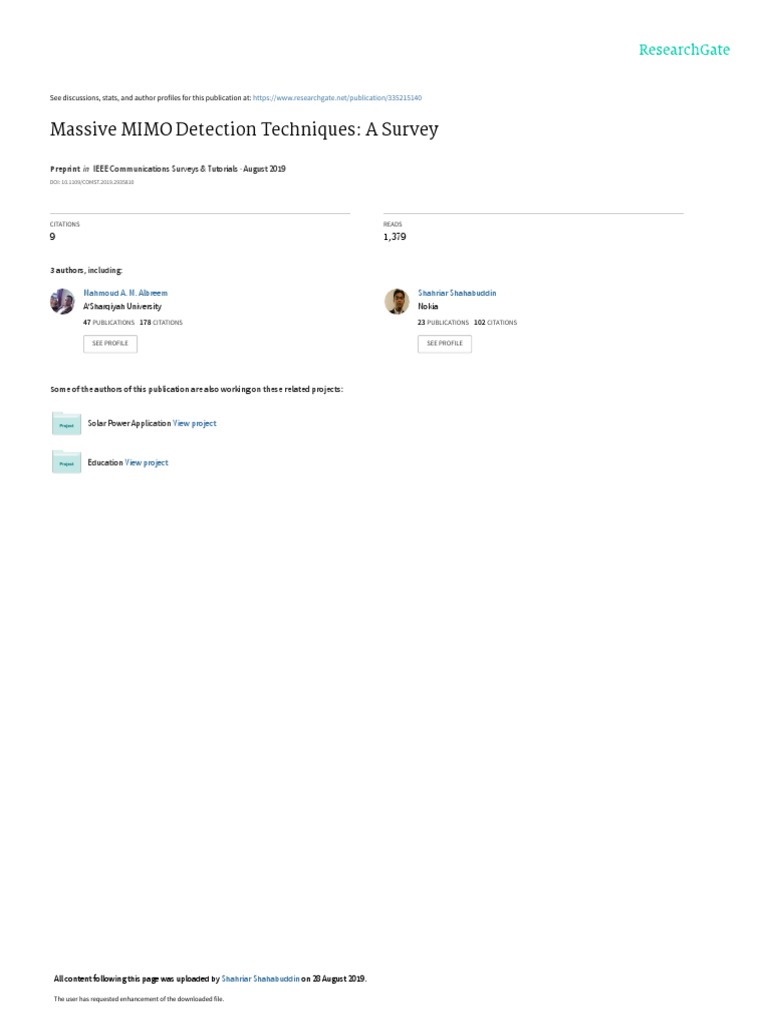 Ieee Communications Surveys And Tutorials Accepted 2019 Massive Mimo Detection Techniques A