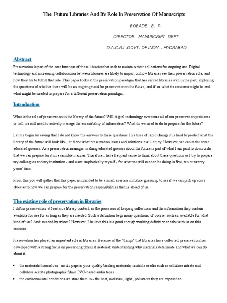 Role of Libraries in Preservation of Manuscripts | PDF | Microform ...