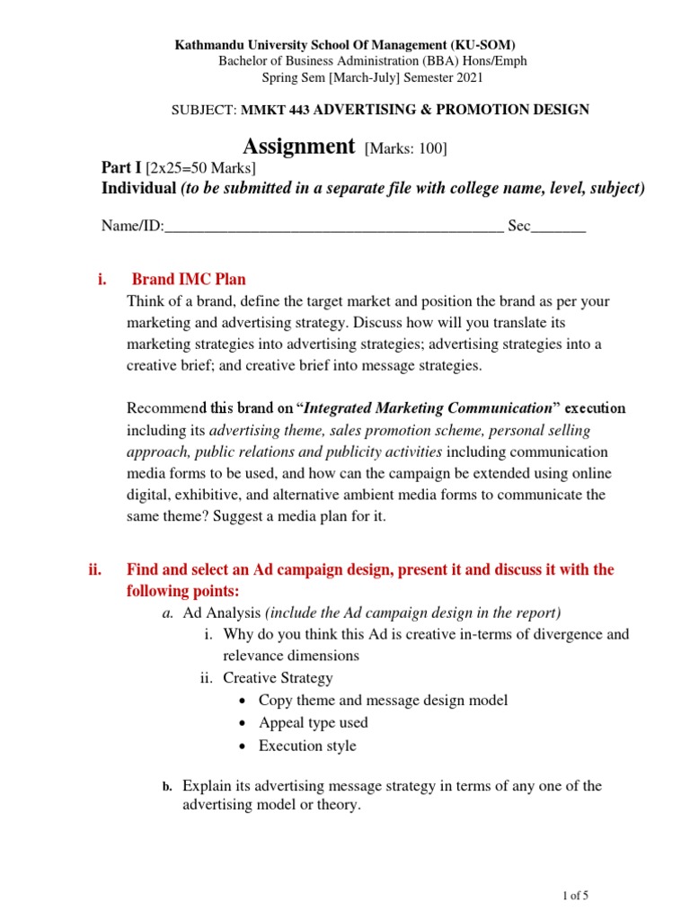 Assignment: Individual (To Be Submitted in A Separate File With College ...