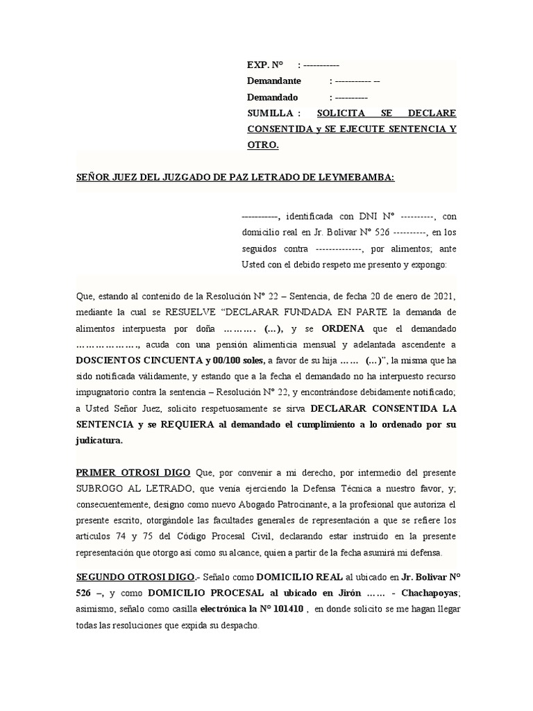 Solicita Se Declare Consentida y Se Ejecute Sentencia | PDF | Sentencia (ley) | Judicaturas