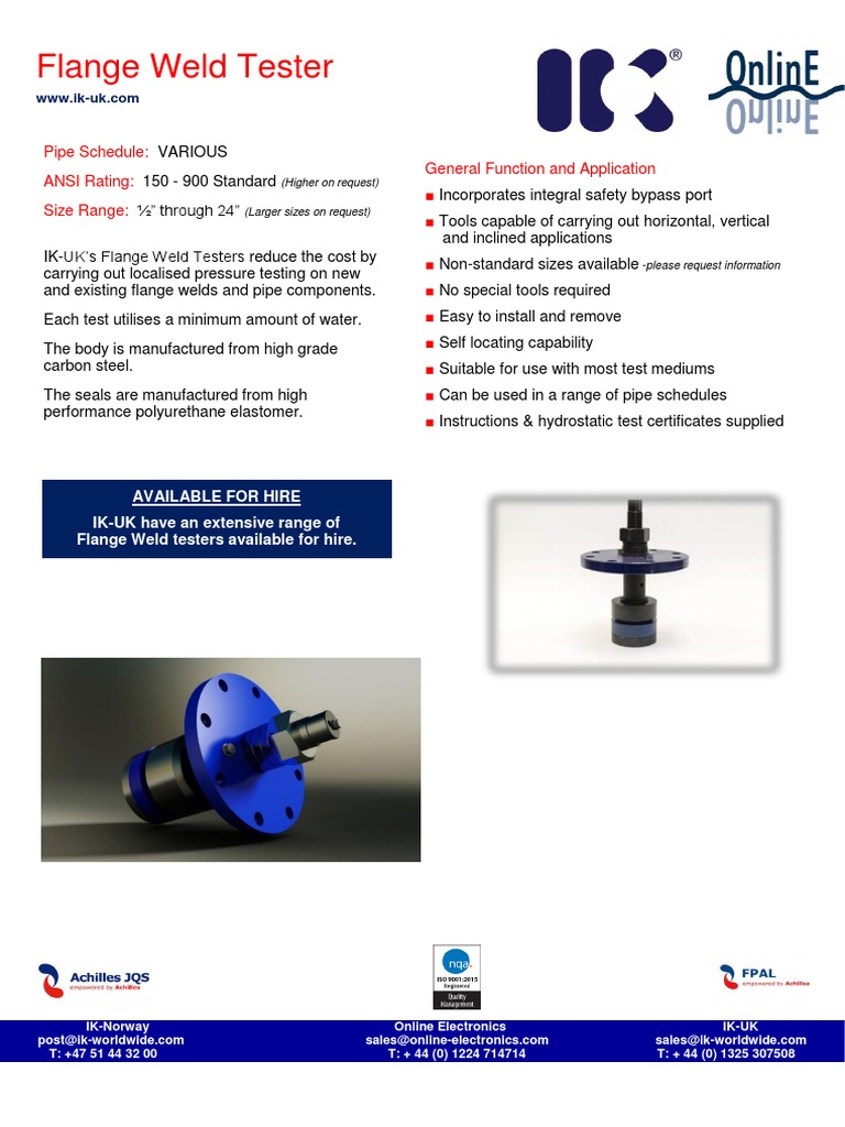Flange Weld Tester: Pipe Schedule: ANSI Rating: Size Range: General ...