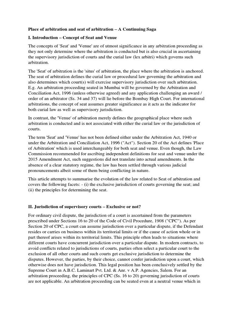 Place of Arbitration and Seat of Arbitration | PDF | Arbitration ...