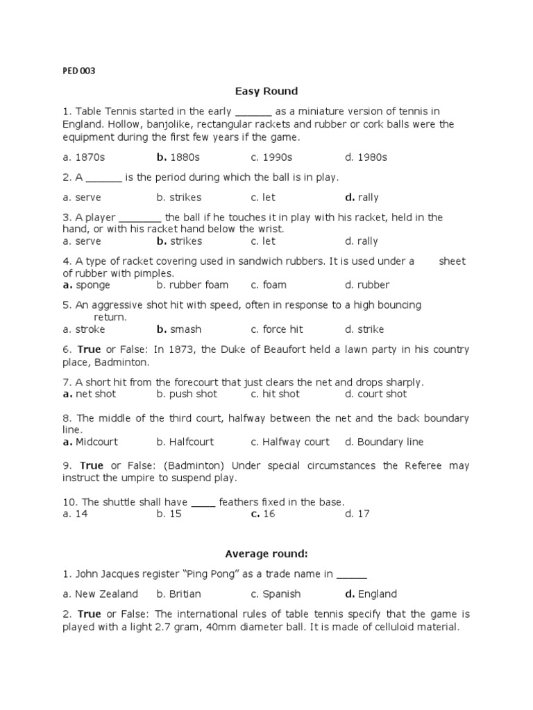 PED 003 Quiz Bee | PDF | Table Tennis | Referee