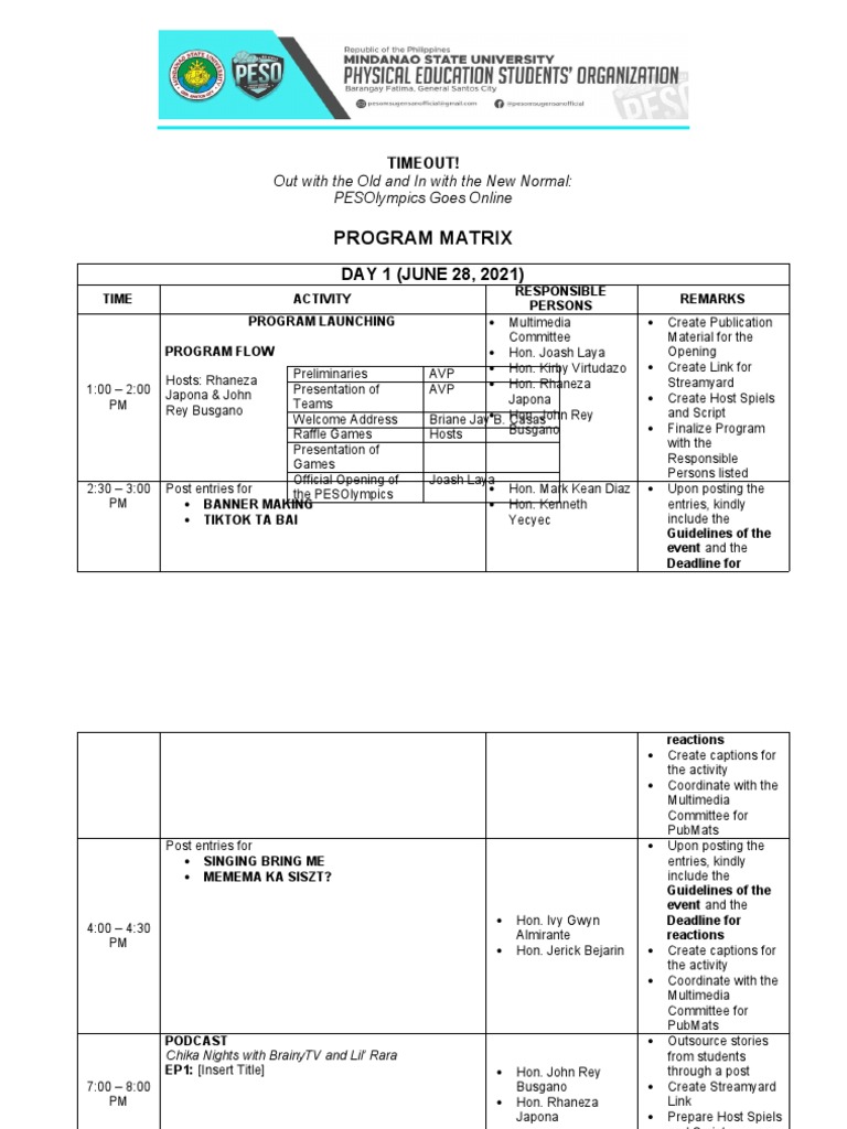 Program Matrix: DAY 1 (JUNE 28, 2021) | PDF