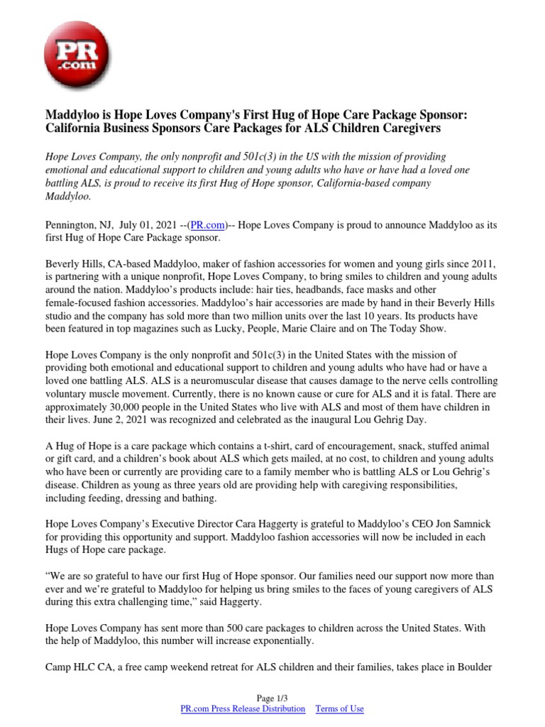 Maddyloo Is Hope Loves Company's First Hug of Hope Care Package Sponsor ...