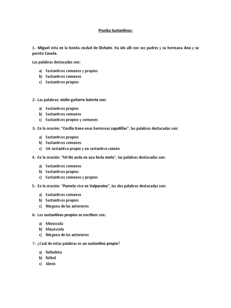 Prueba de Sustantivos Propios y Comunes | PDF