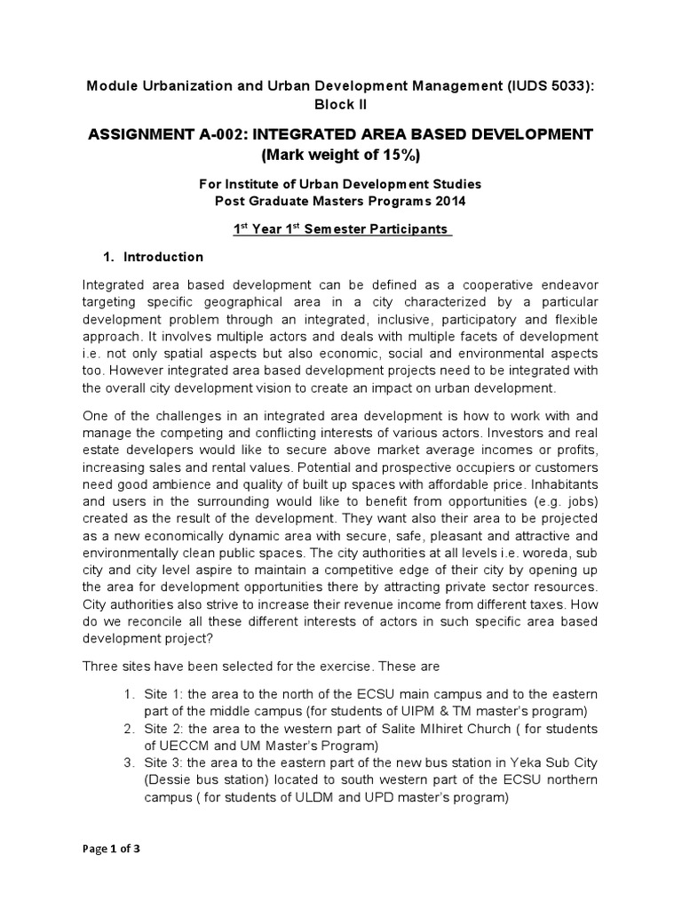 Assignment A-002: Integrated Area Based Development (Mark Weight of 15% ...