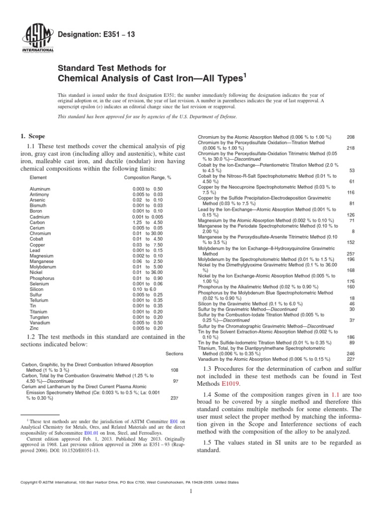 ASTM E351-13 (Test Methods For Chemical Analysis of Cast Iron) | PDF ...