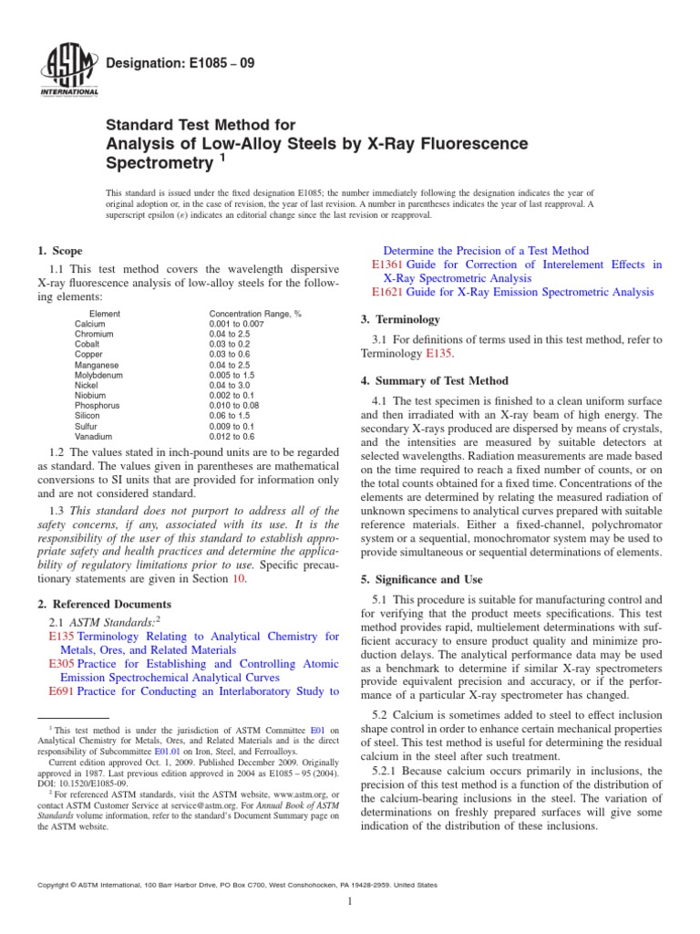 ASTM E1085-09 (Analysis of Low-Alloy Steels by XRF) | PDF | X Ray | Accuracy And Precision