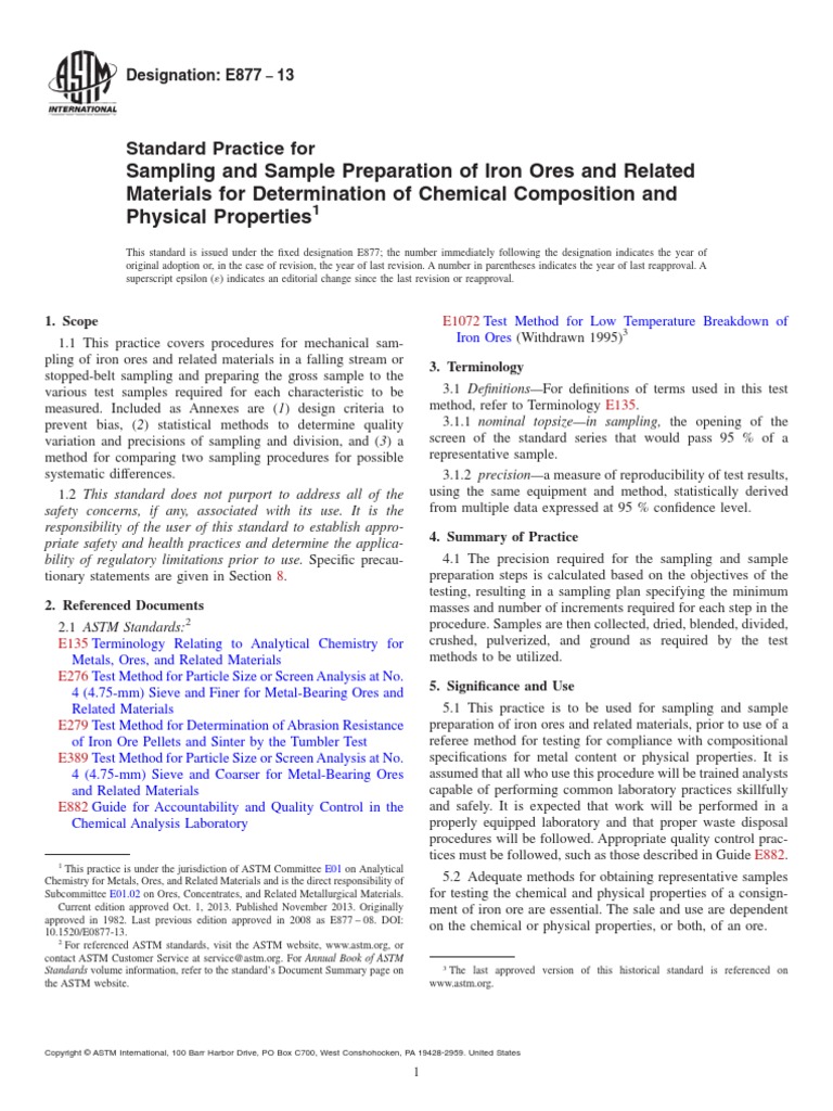 ASTM E877-13 (Sampling and Sample Preparation of Iron Ores) | PDF ...