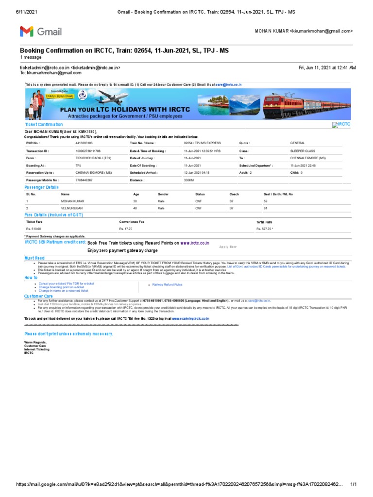 IRCTC Train Booking Confirmation | PDF | Credit Card | Service Industries
