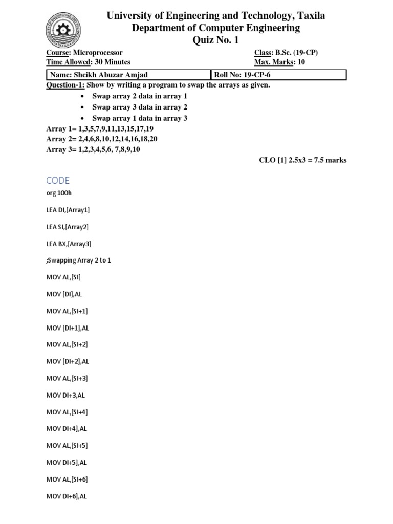 19-CP-6 MNI LAB QUIz1 | PDF | Electrical Engineering | Computer Programming