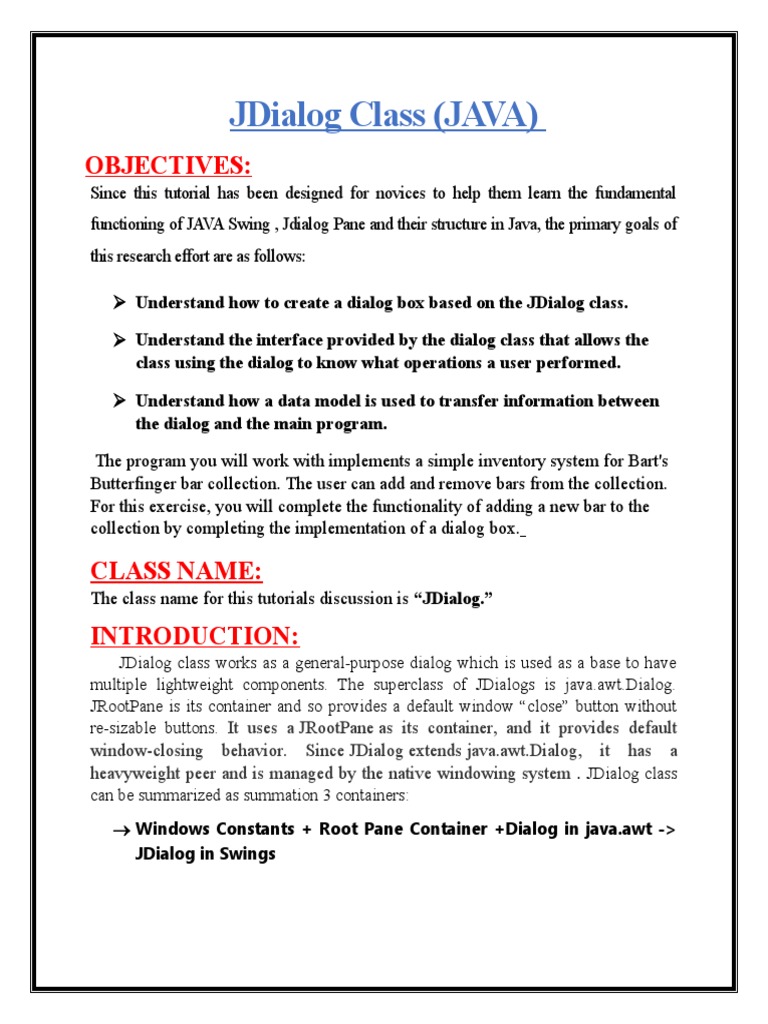 Jdialog Class Java Objectives Pdf Class Computer Programming Dialog Box