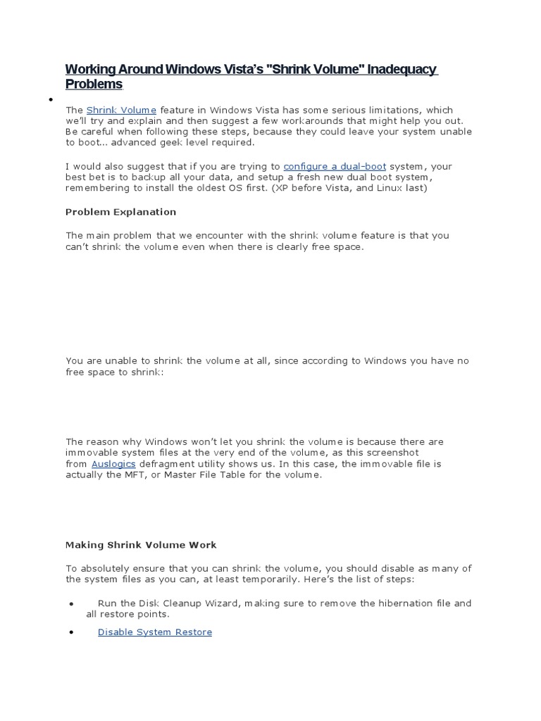 Working Around Windows Vista's "Shrink Volume" Inadequacy Problems | PDF | Computer Architecture ...