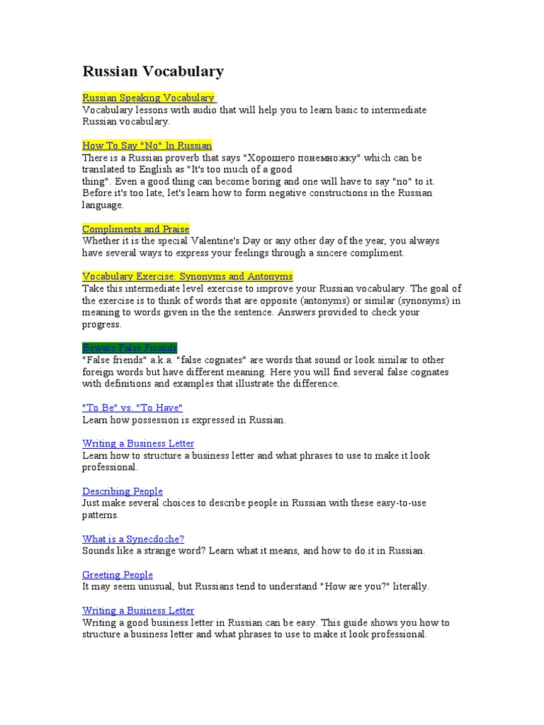 Russian Vocabulary Lessons: Learning Basic to Intermediate Words and ...