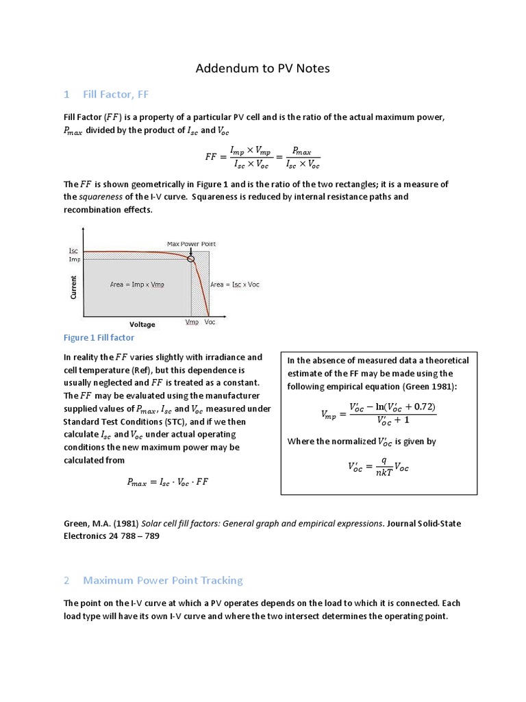Addendum To PV Notes: 1 Fill Factor, FF | PDF | Electrical Engineering ...