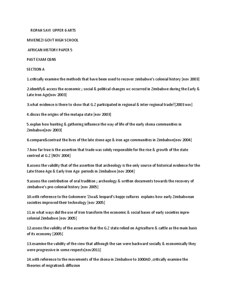 Zimsec A-Level African History Questions | PDF | Zimbabwe | Science