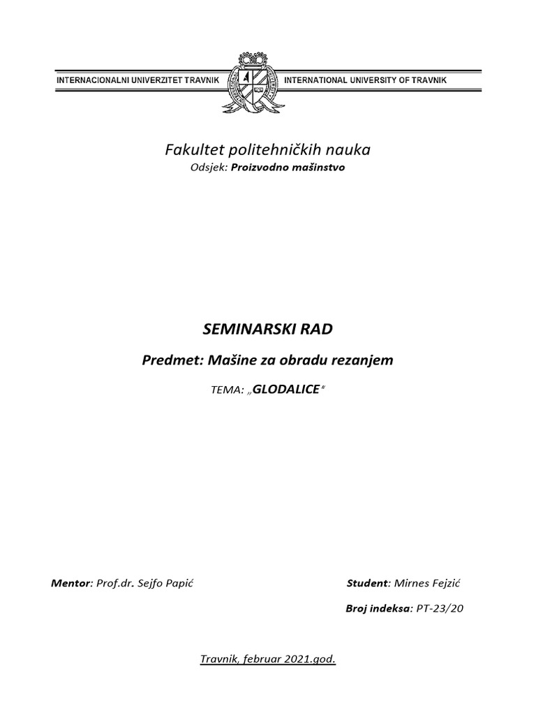 Seminarski Rad - Mašine Za Obradu Rezanjem | PDF