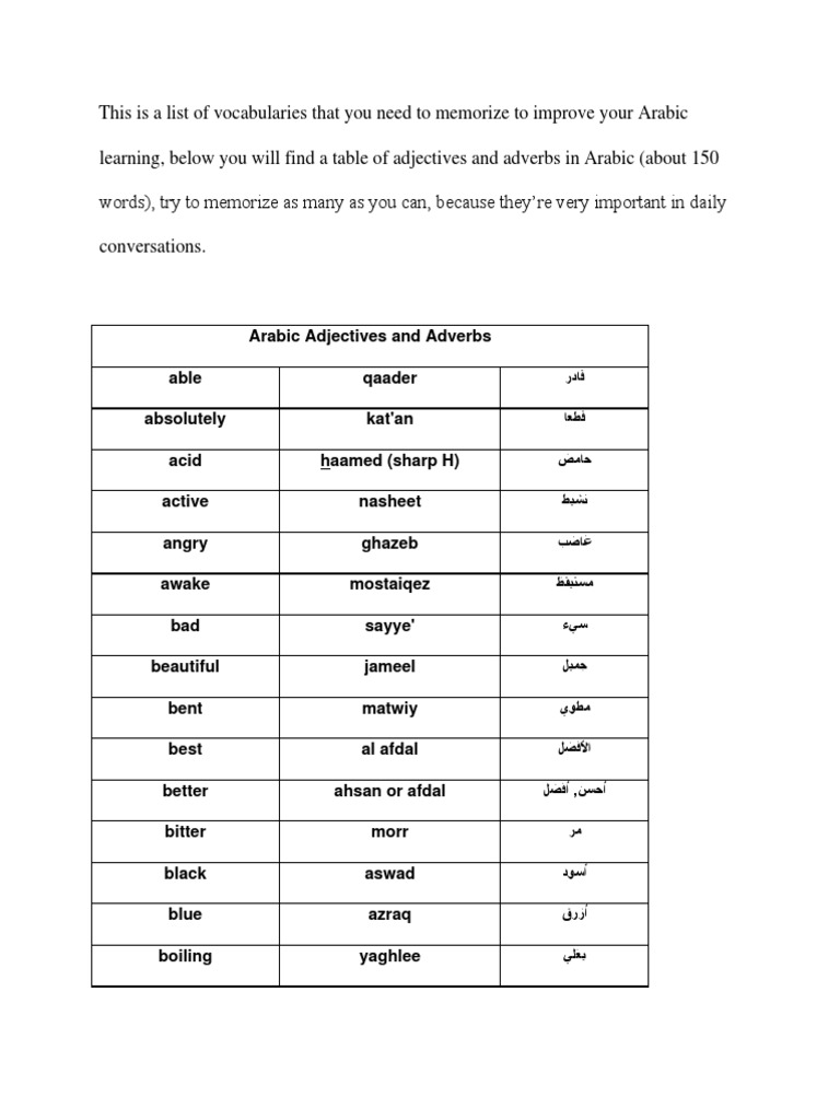 Arabic Adjectives & Adverbs Guide | PDF | Grammar | Linguistic Typology