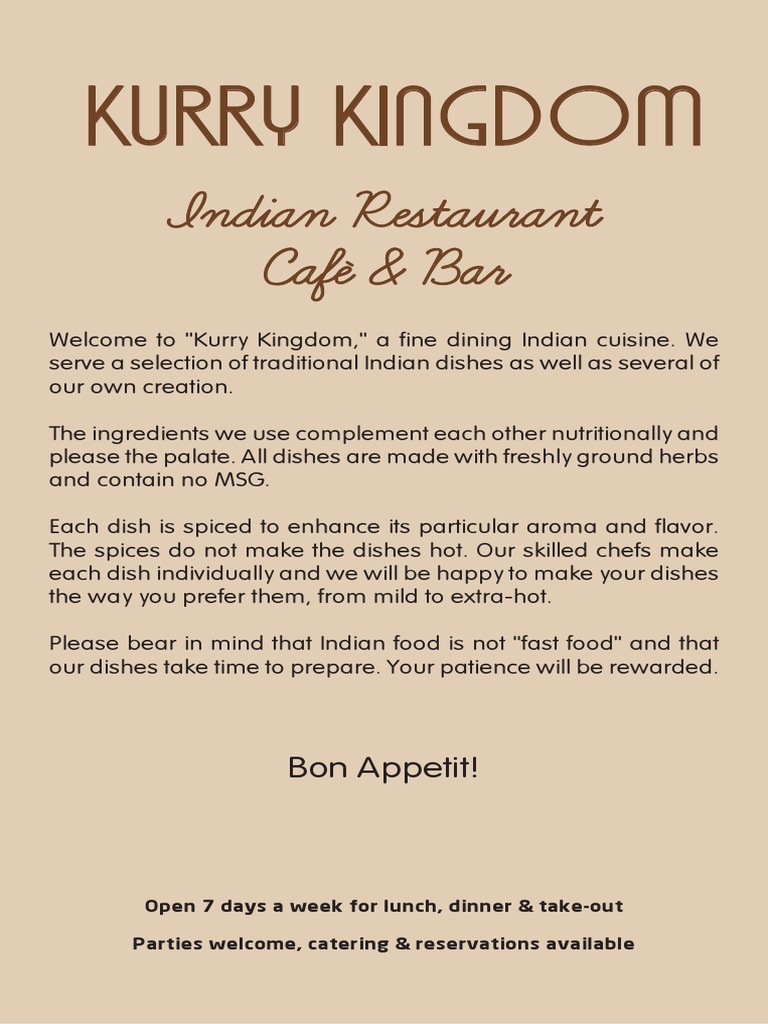 Indian Restaurant Café & Bar: Kurry Kingdom | PDF | Curry | Kebab
