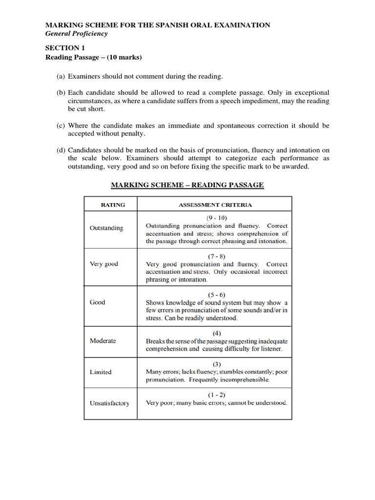 General Proficiency: Marking Scheme For The Spanish Oral Examination | PDF