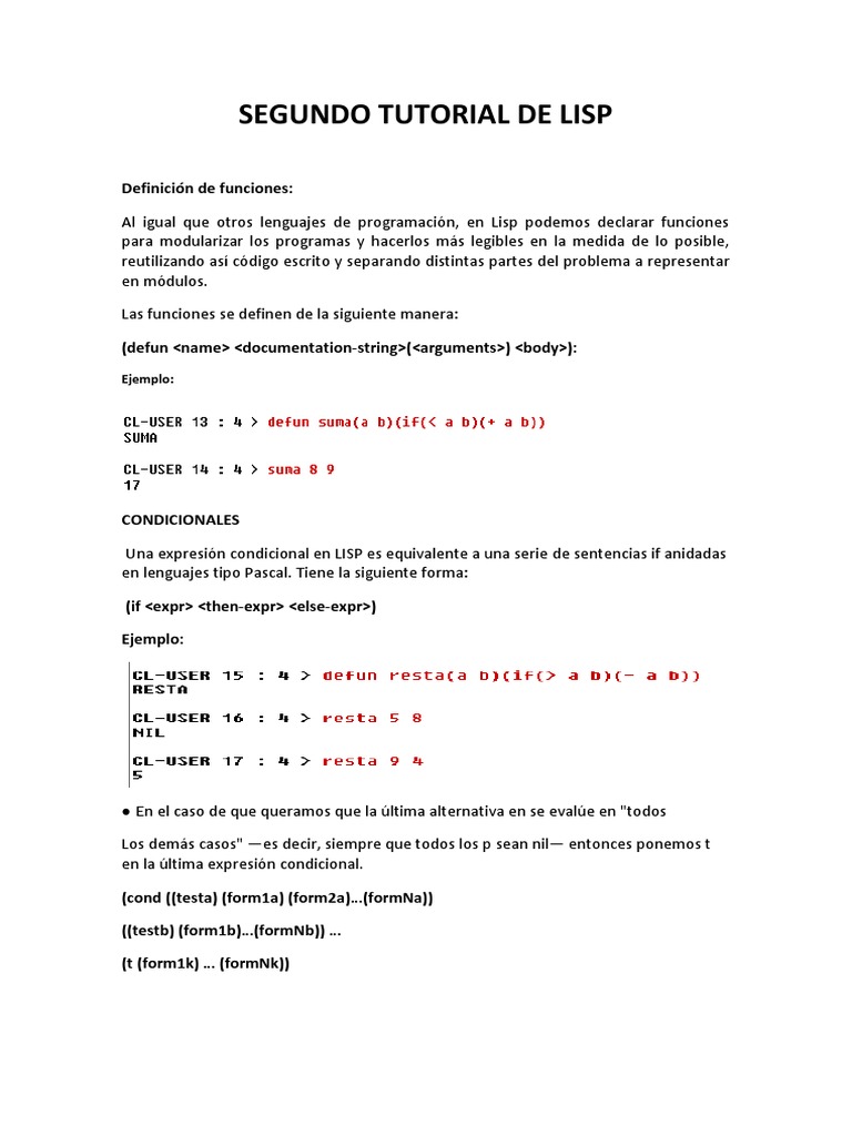 Segundo Tutorial Lisp | PDF | Lenguaje de programación | Informática ...