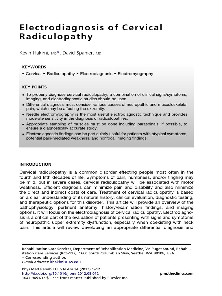 Electrodiagnosisofcervical Radiculopathy: Kevin Hakimi,, David Spanier ...