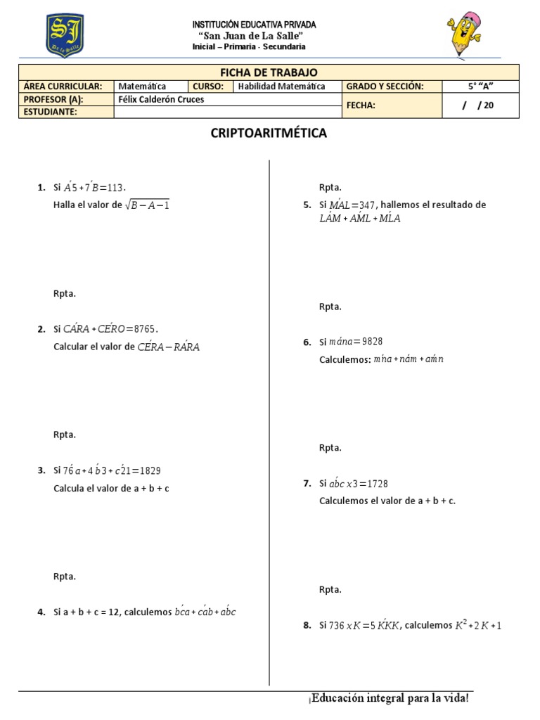 Ficha Habilidad Matemática - Criptoaritmética - 5toa | PDF | Ajedrez | Juegos y actividades