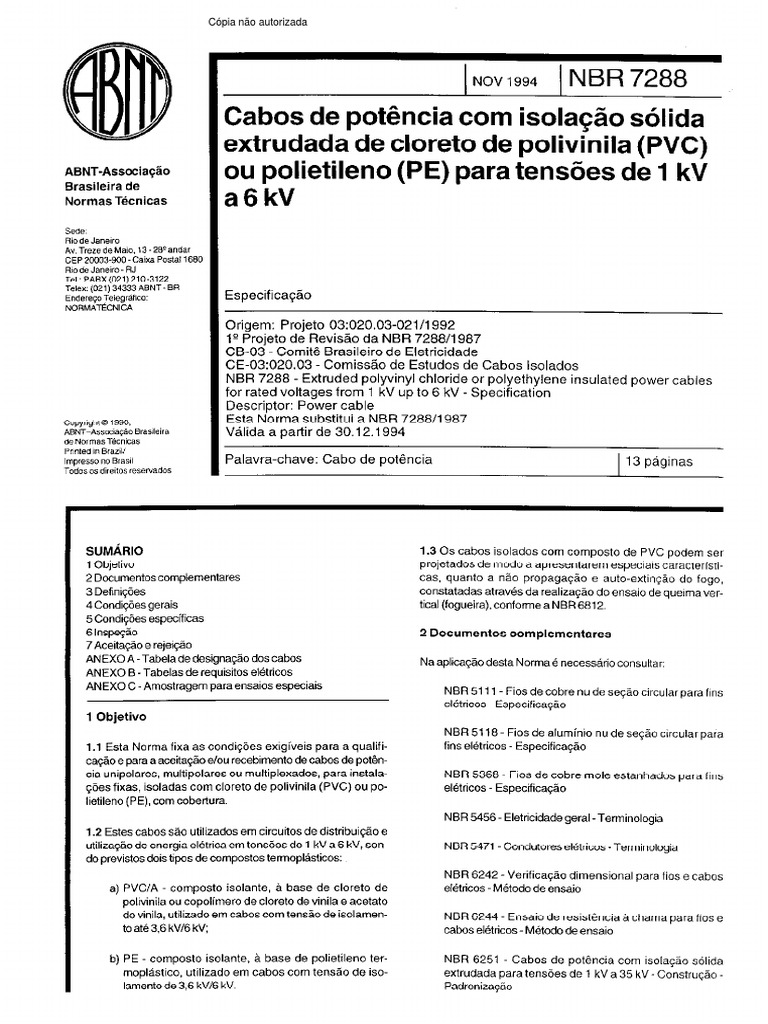 NBR 7288 Cabos de Potencia de Isolacao | PDF | Cloreto de polivinila ...