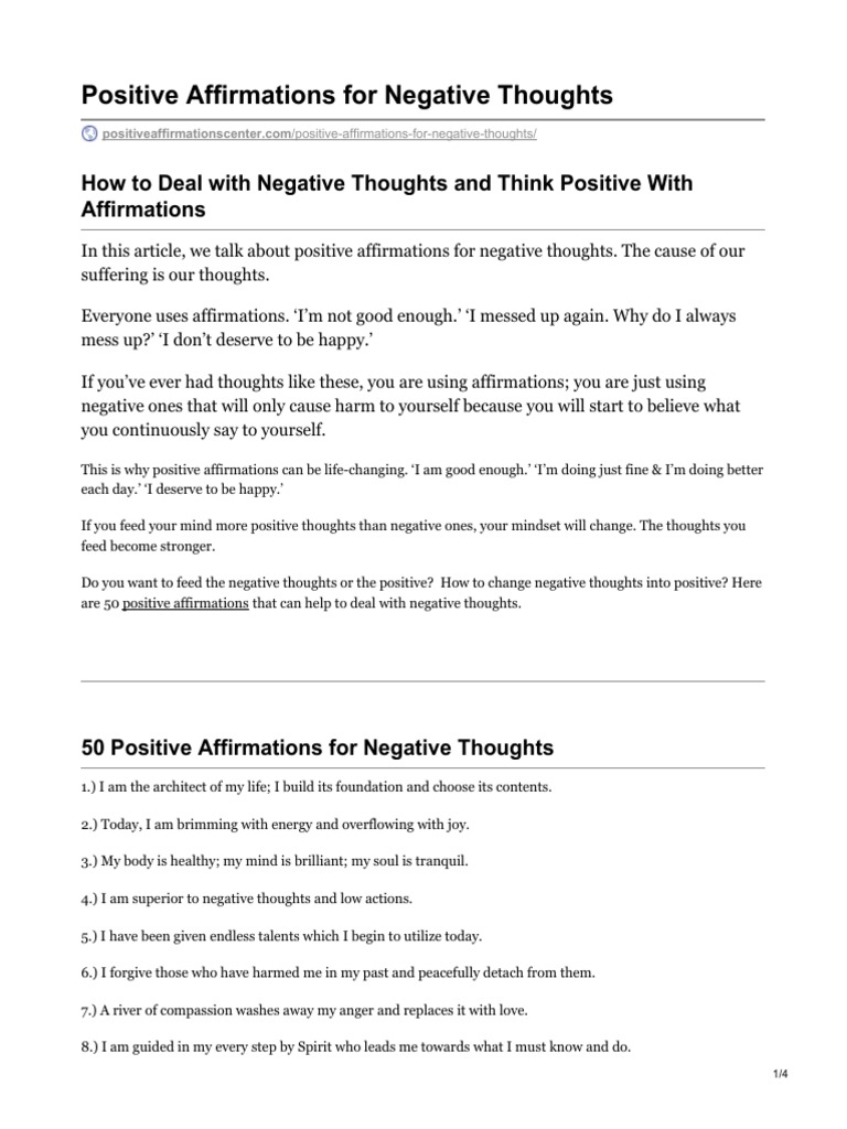 Positive Affirmations For Negative Thoughts | PDF | Human Nature ...