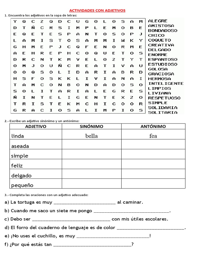 Actividades con adjetivos para mejorar vocabulario | PDF