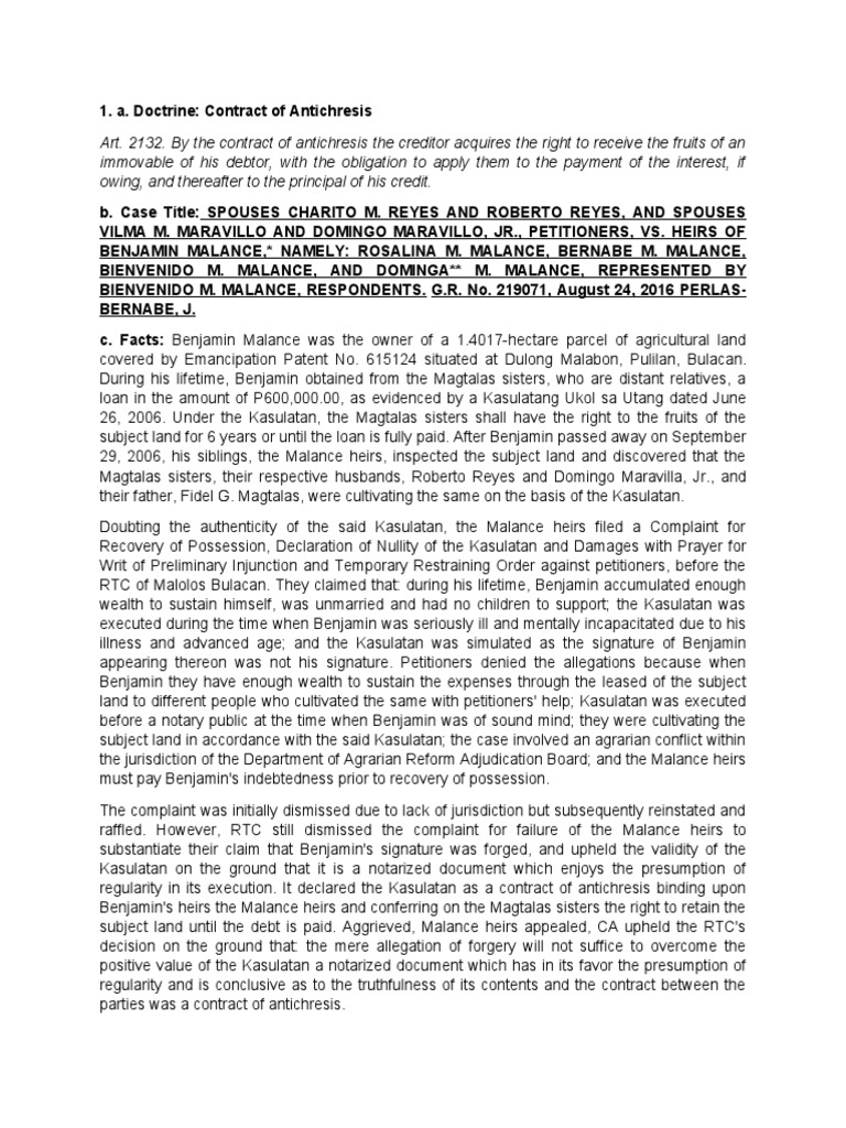 Antichresis Case: Malance Heirs vs. Magtalas | PDF | Signature | Loans