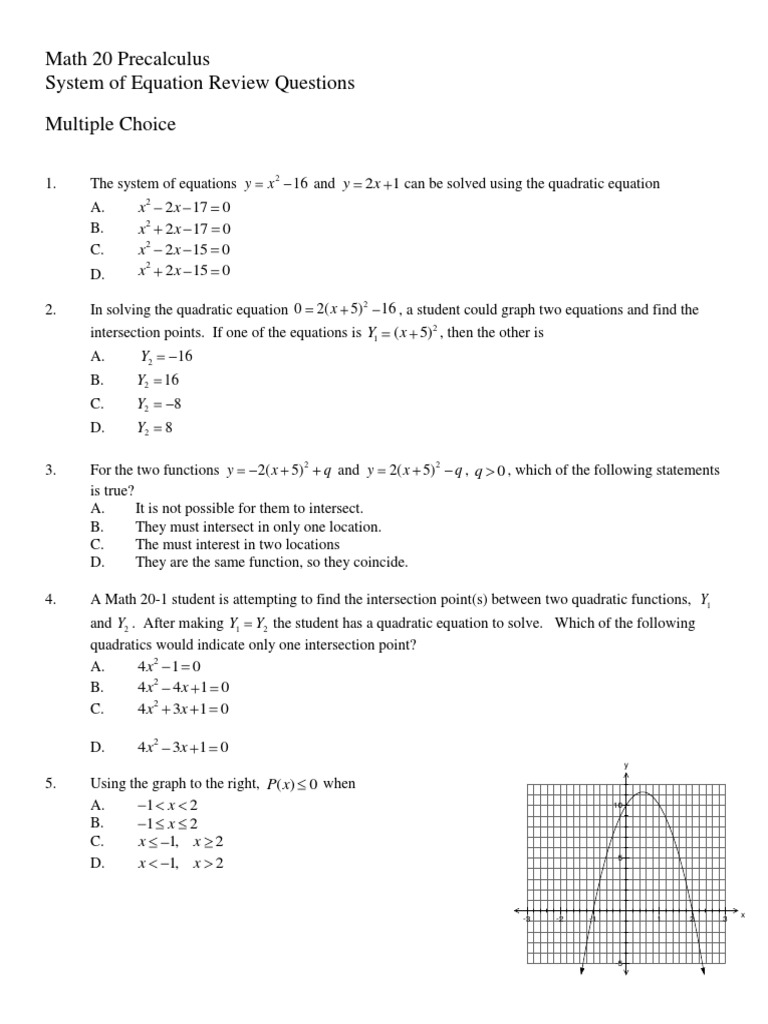 Math 20 Precalculus System of Equation Review Questions Multiple Choice ...