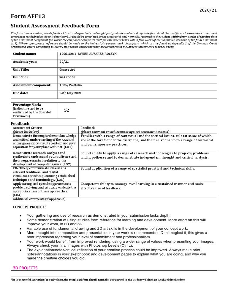 Form AFF13: Student Assessment Feedback Form | PDF | 3 D Computer ...