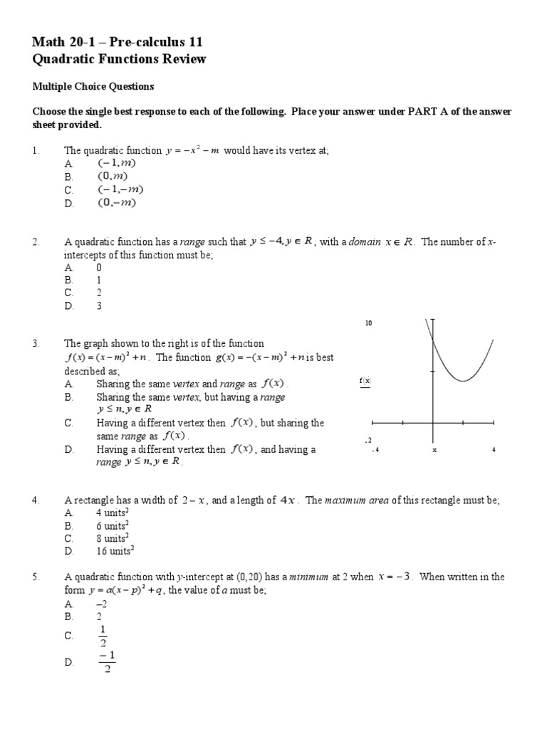 Quadratics - Review Unit Test MC | PDF | Area | Function (Mathematics)