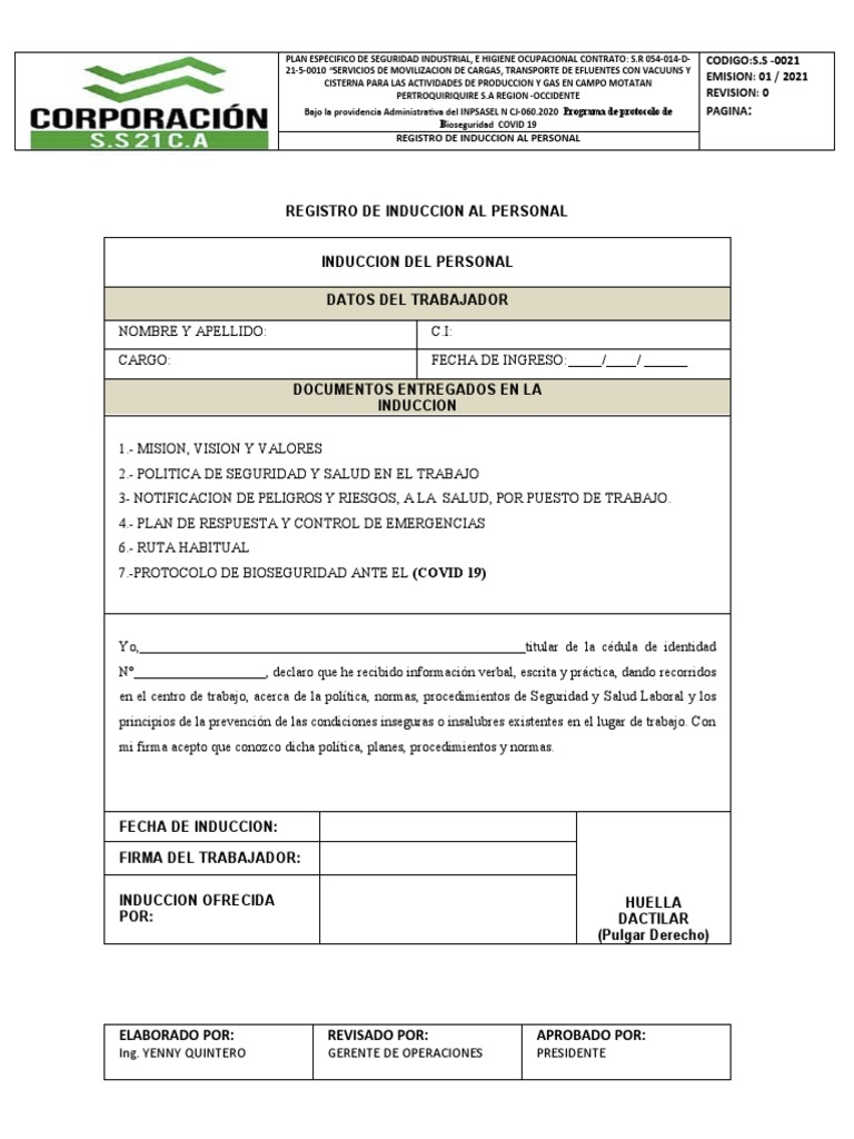 04 Registro de Induccion Al Personal | PDF | Bienestar | Medicina